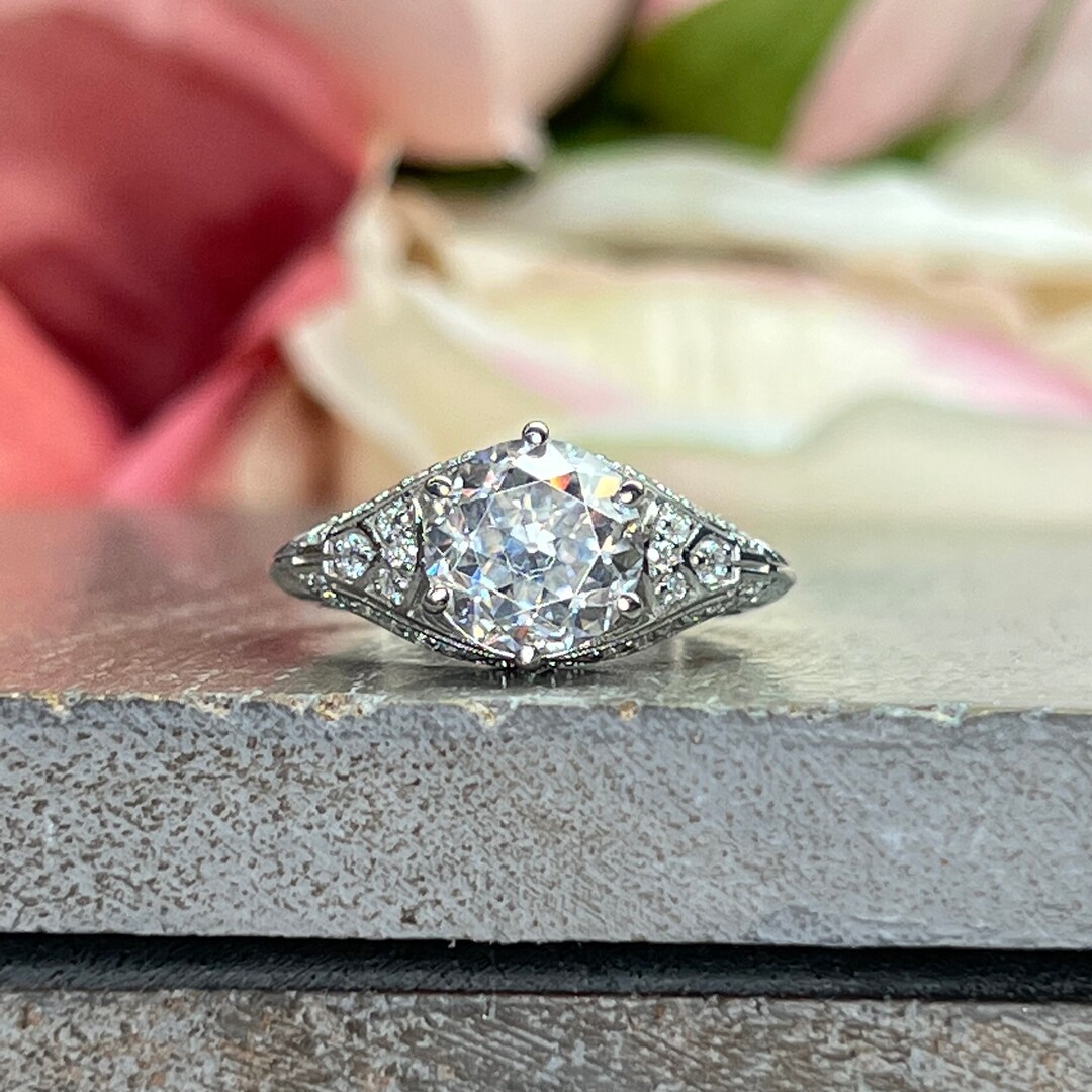 Vintage Antique Old Mine Cut Round Moissanite White Gold Engagement ...