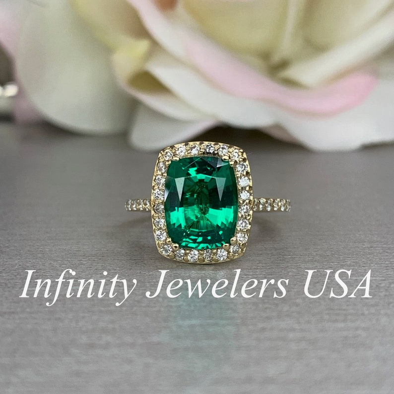 Elongated Cushion Cut Emerald Ring Diamond Halo Engagement - Etsy