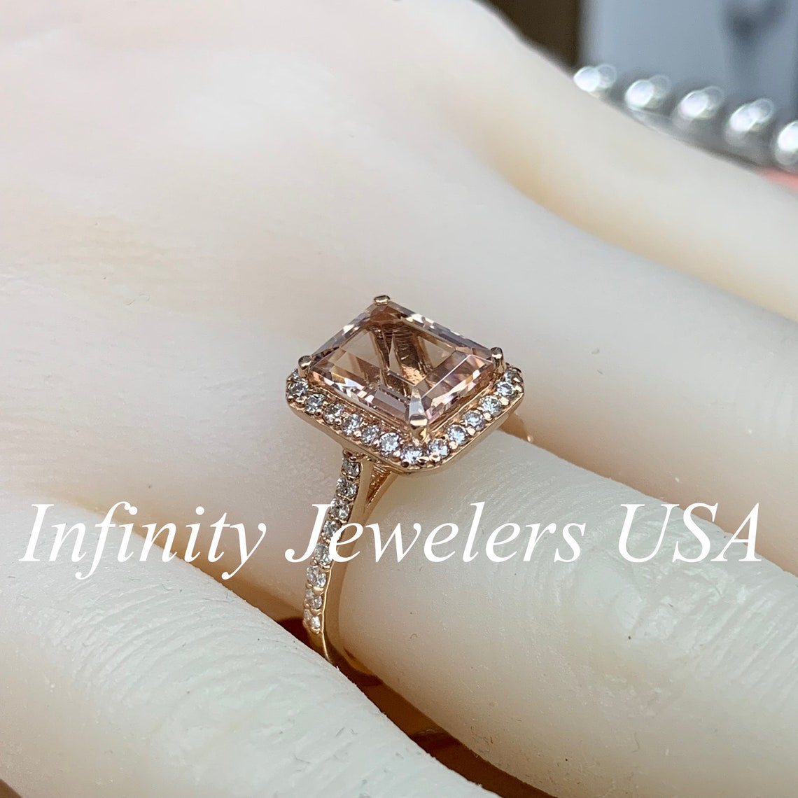 Morganite halo engagement ring emerald cut morganite in rose | Etsy