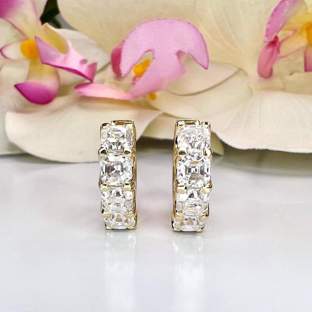 3.20 CTW Asscher Cut Lab Grown Diamond Huggies , Diamond Hoop Earrings ...