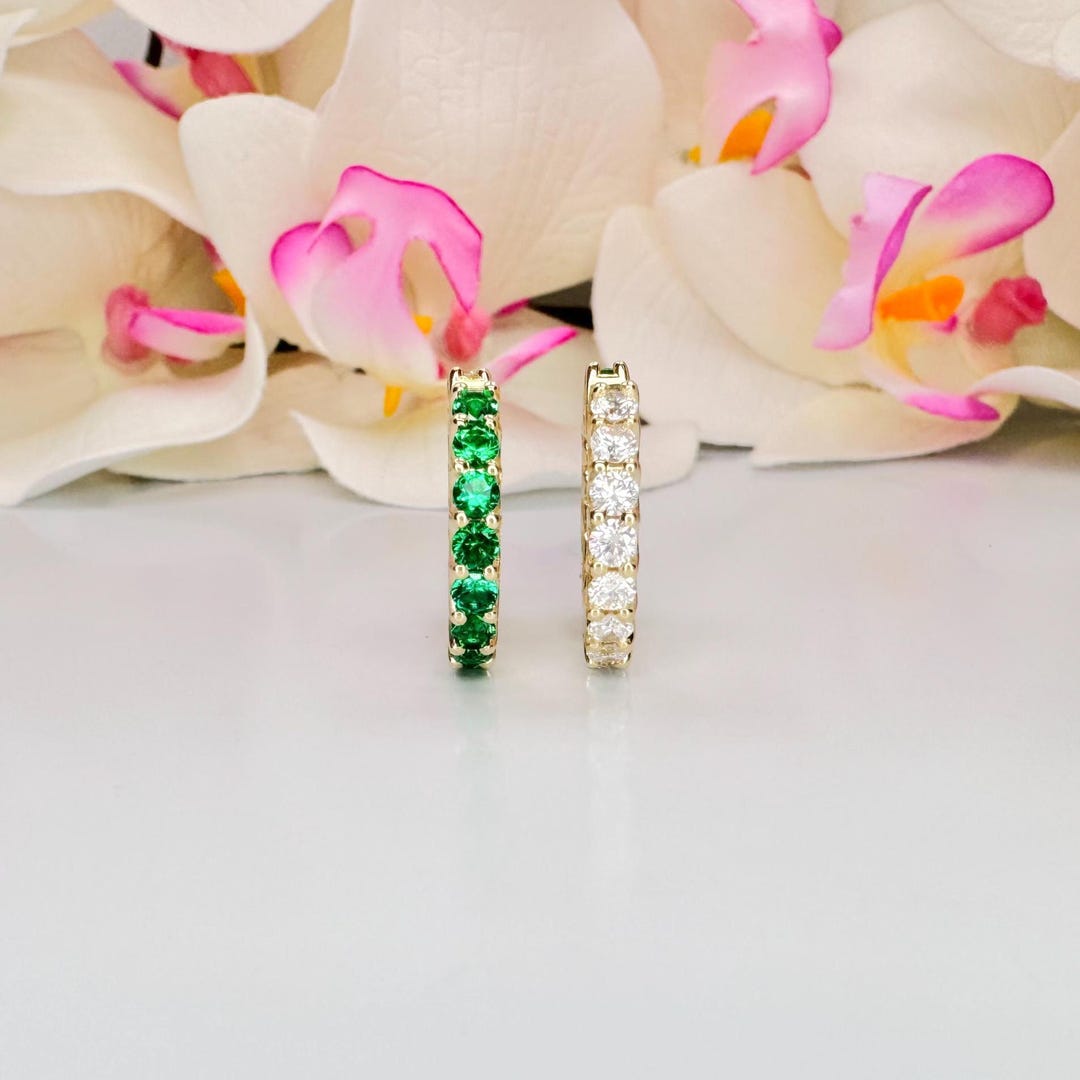 Emerald and LAB DIAMOND Hoop Earrings 14K Solid Gold, Small Hoop ...