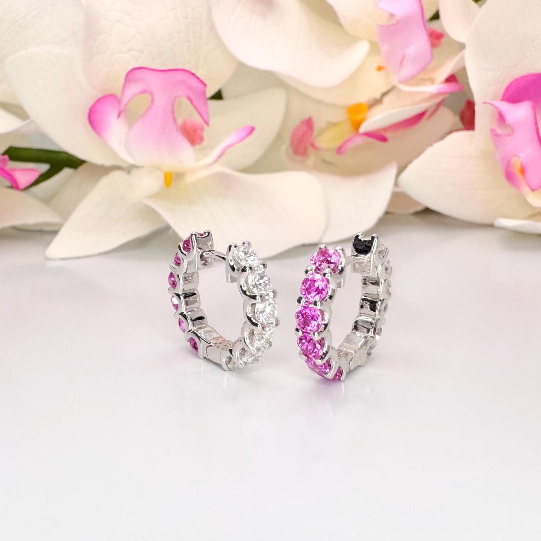 Pink Sapphire and LAB DIAMOND Hoop Earrings 14K Gold, Small Hoop ...