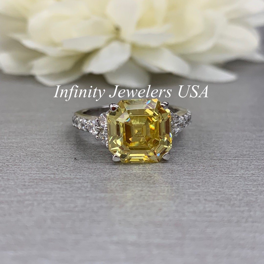 Yellow Asscher Cut Engagement 14K White Gold , Unique Canary Yellow ...