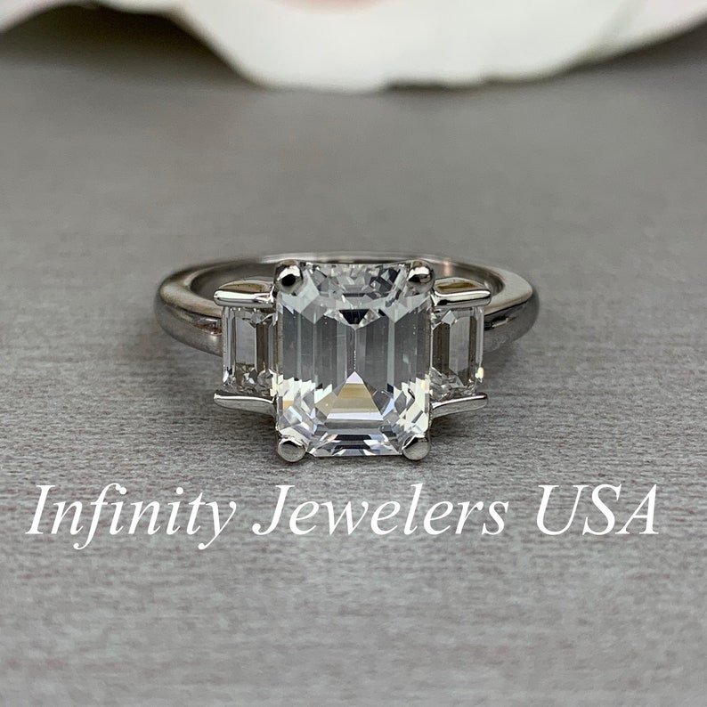 Emerald Cut Moissanite Engagement Ring Three Stone Emerald Etsy