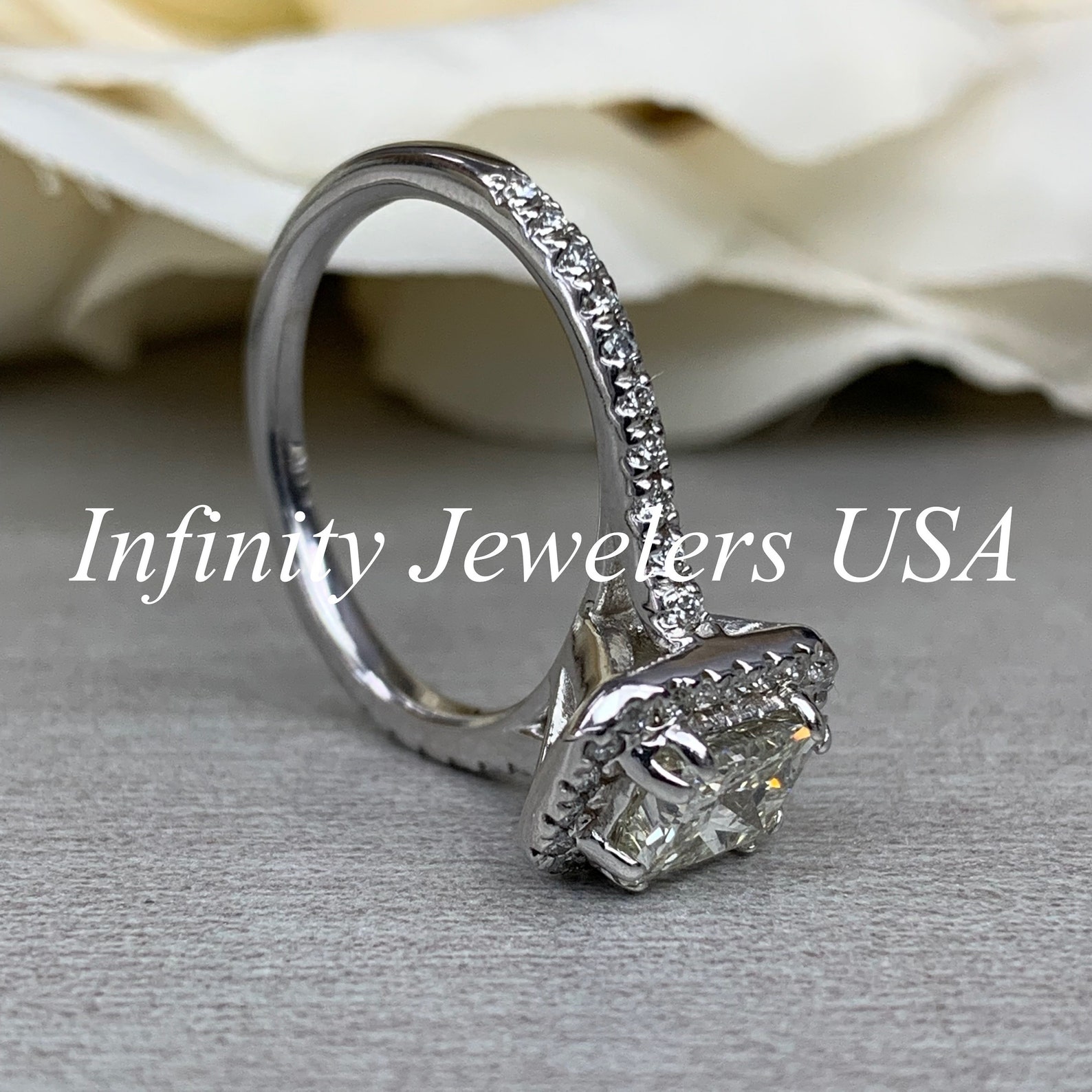 Halo Elongated Princess Cut Diamond Ring, 14k White Gold Promise Ring ...
