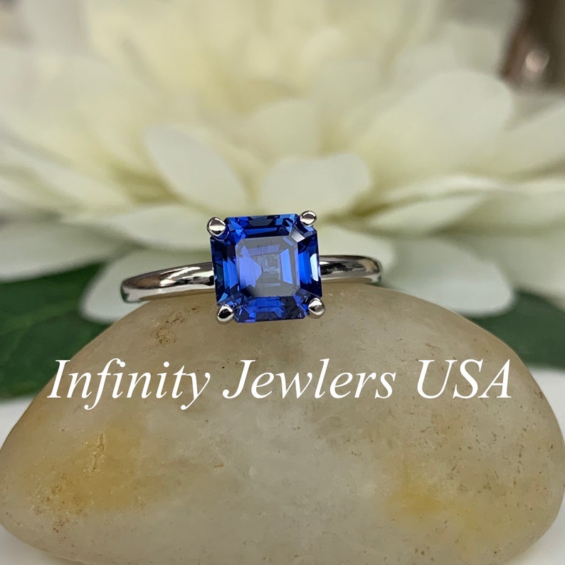 Asscher Cut Solitaire / Blue Sapphire Engagement Ring / 14k | Etsy