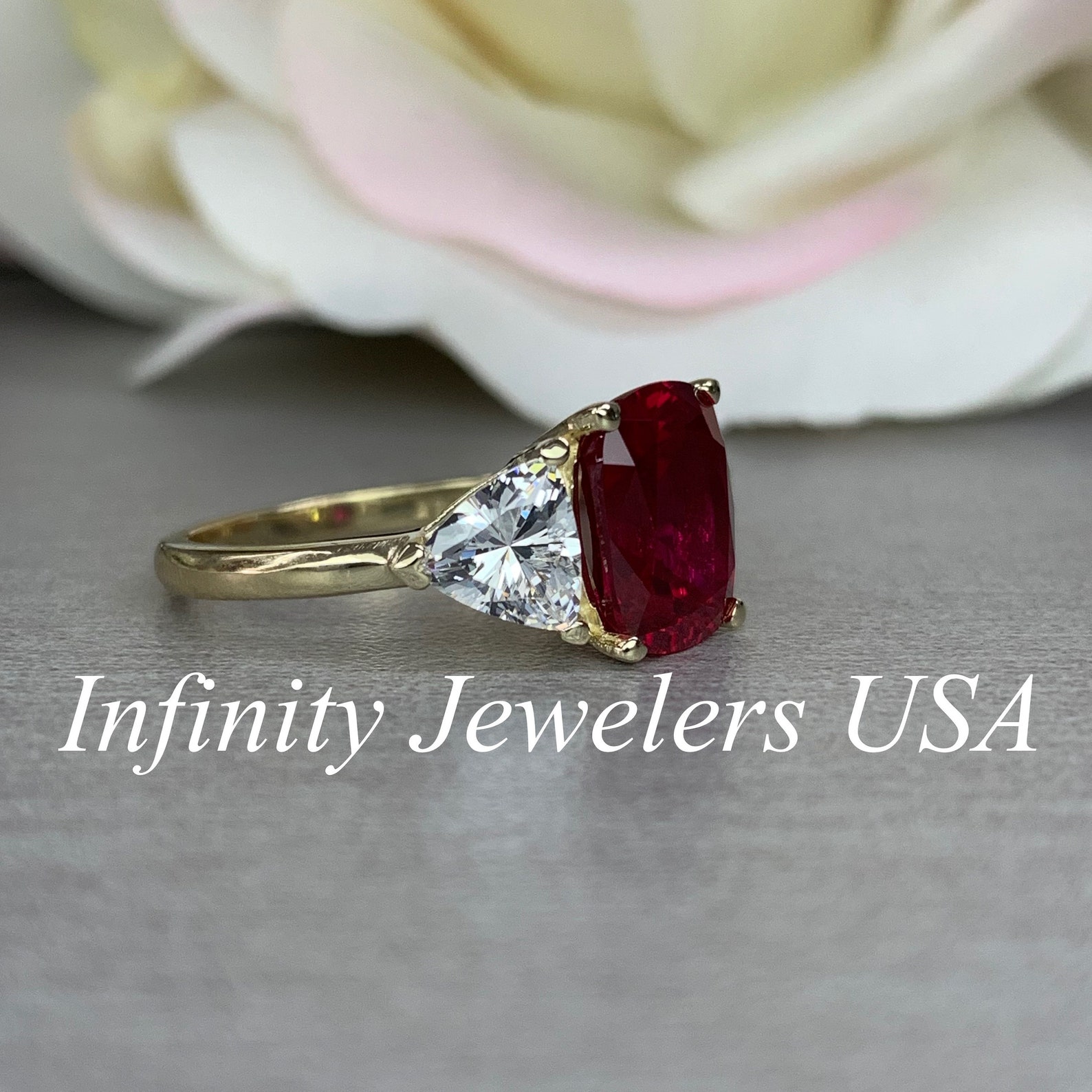 Ruby Cushion Cut and Moissanite Engagement Ring Three Stone | Etsy