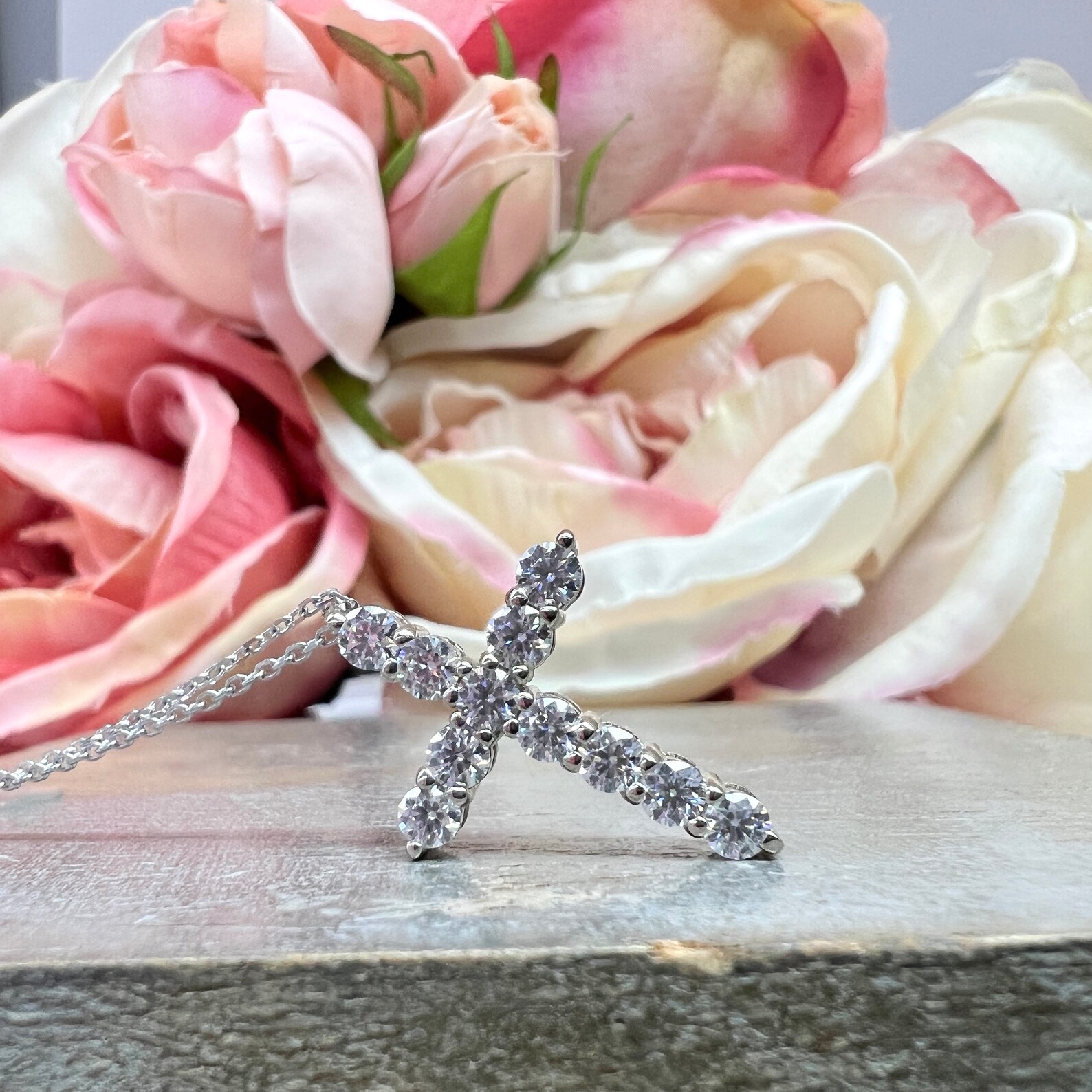Moissanite Eternity Cross Pendant Necklace 14K White Gold, Layering ...