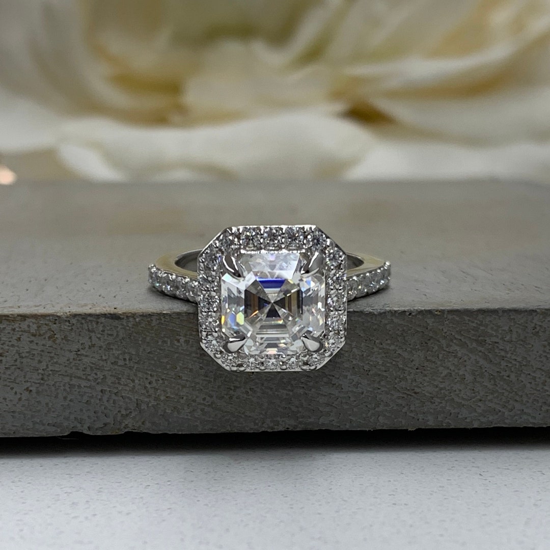 Asscher Cut Moissanite Engagement Ring 14K White Gold, Forever One Halo ...