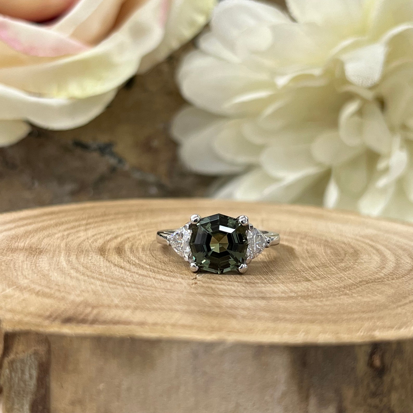 Olive Green Sapphire Engagement Ring 14K White Gold Olive | Etsy