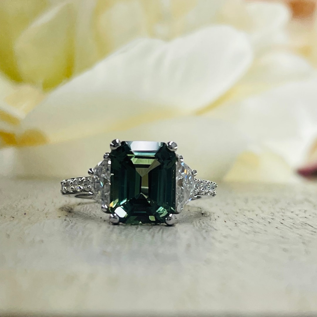 Olive Green Sapphire Engagement Ring 14K White Gold, Emerald Cut Green ...