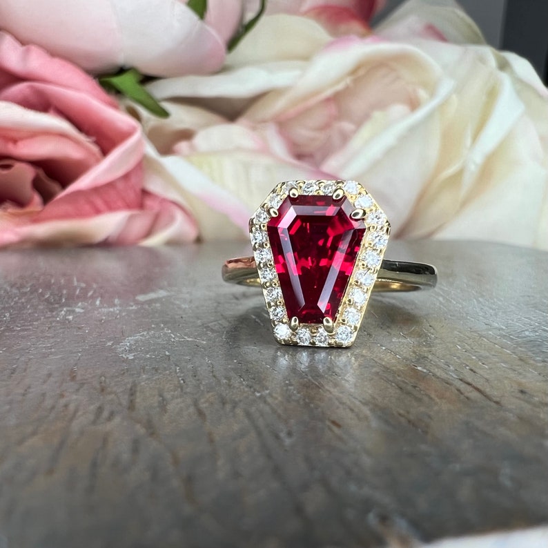 Ruby Coffin Ring 14k Solid Gold, Unique Vintage Ruby Halo Coffin Shape ...