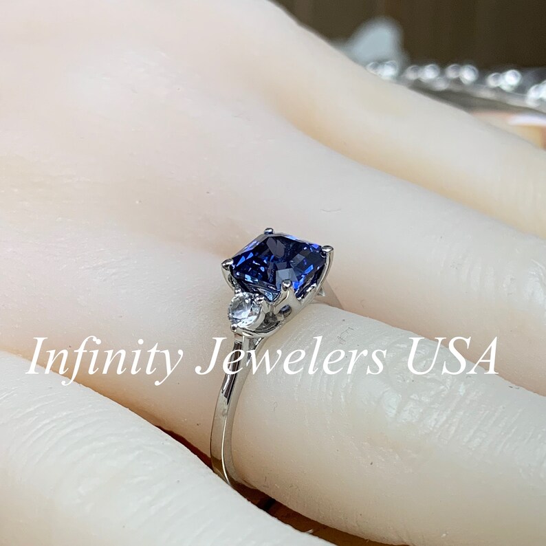 Blue sapphire asscher cut engagement ring with round white | Etsy