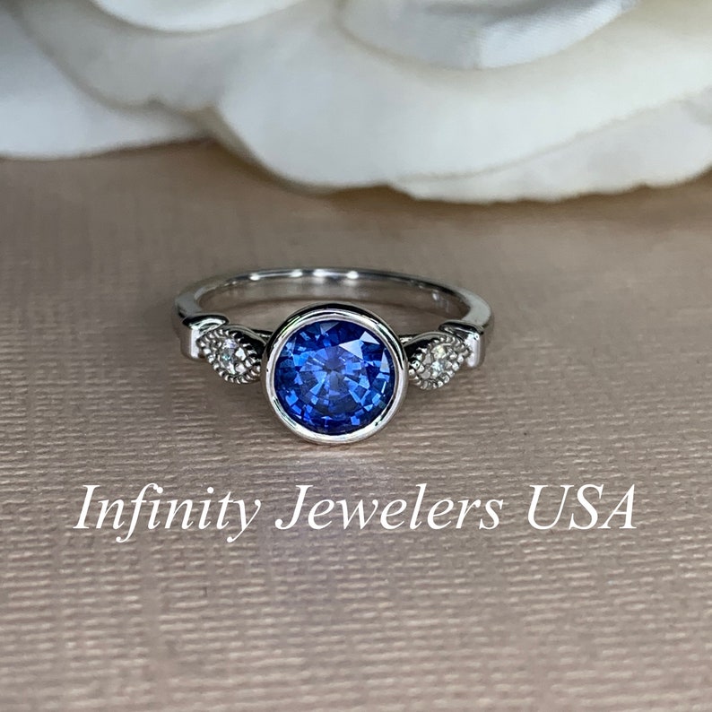 Round Blue Sapphire Engagement Ring Round Bezel Set Ring | Etsy
