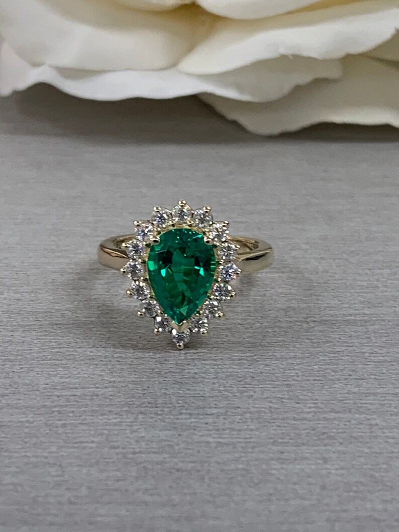 Pear Shape Green Emerald Engagement Ring With Round Moissanite | Etsy