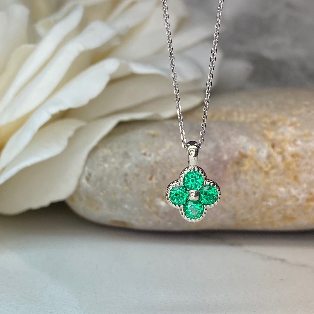 Clover Shaped Emerald Pendant Necklace, 14k White Gold Emerald Clove ...