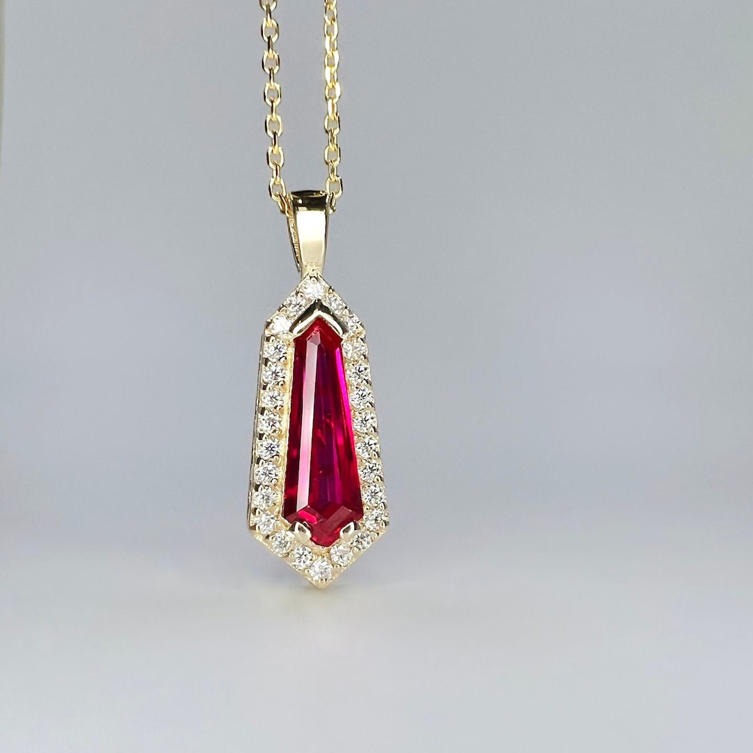 Kite Shaped Ruby Pendant Necklace 14K Solid Gold , Unique Long Ruby ...