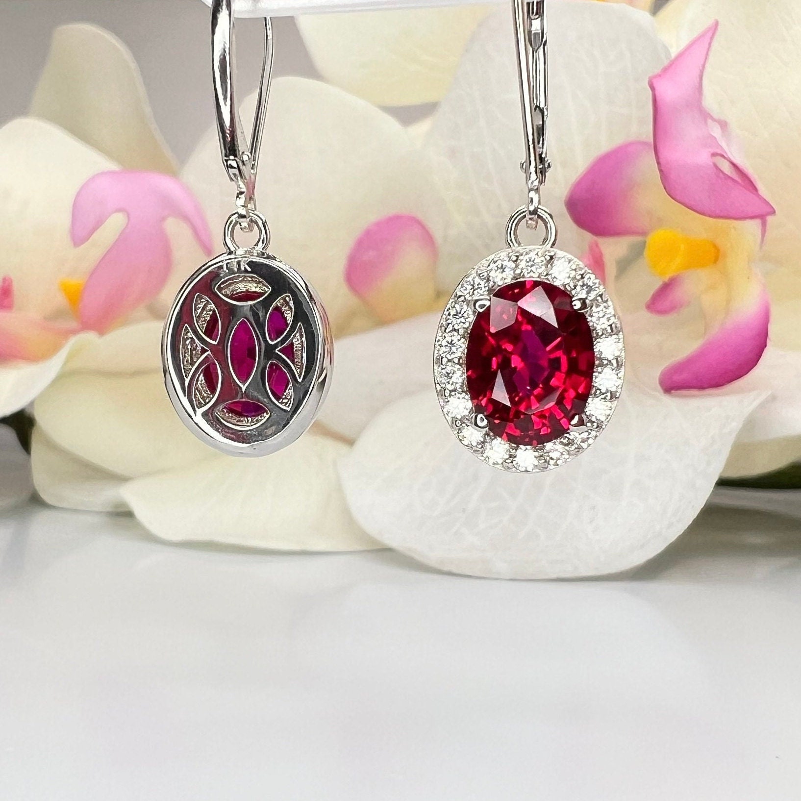 Ruby Dangle Earrings Lever Back With Moissanite Halo 14K Solid Gold ...