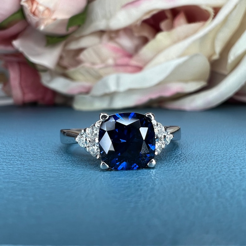 Cushion Cut Blue Sapphire Engagement Ring, 14k Gold Sapphire Cushion ...
