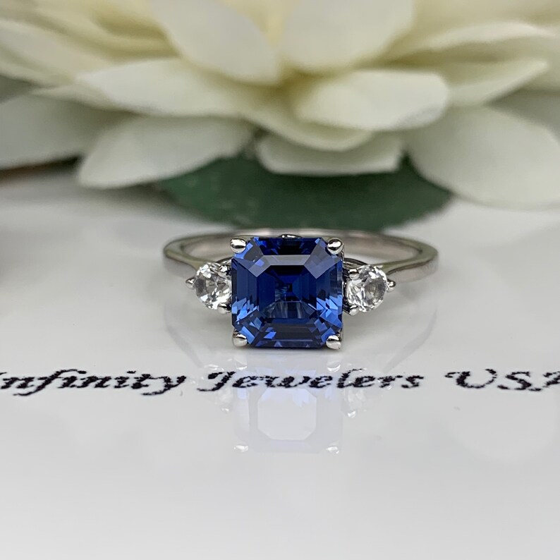 Blue sapphire asscher cut engagement ring with round white | Etsy