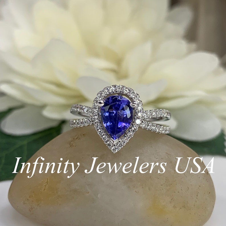 Pear Shape Tanzanite Engagement Ring / Diamond Halo Ring / 14k | Etsy