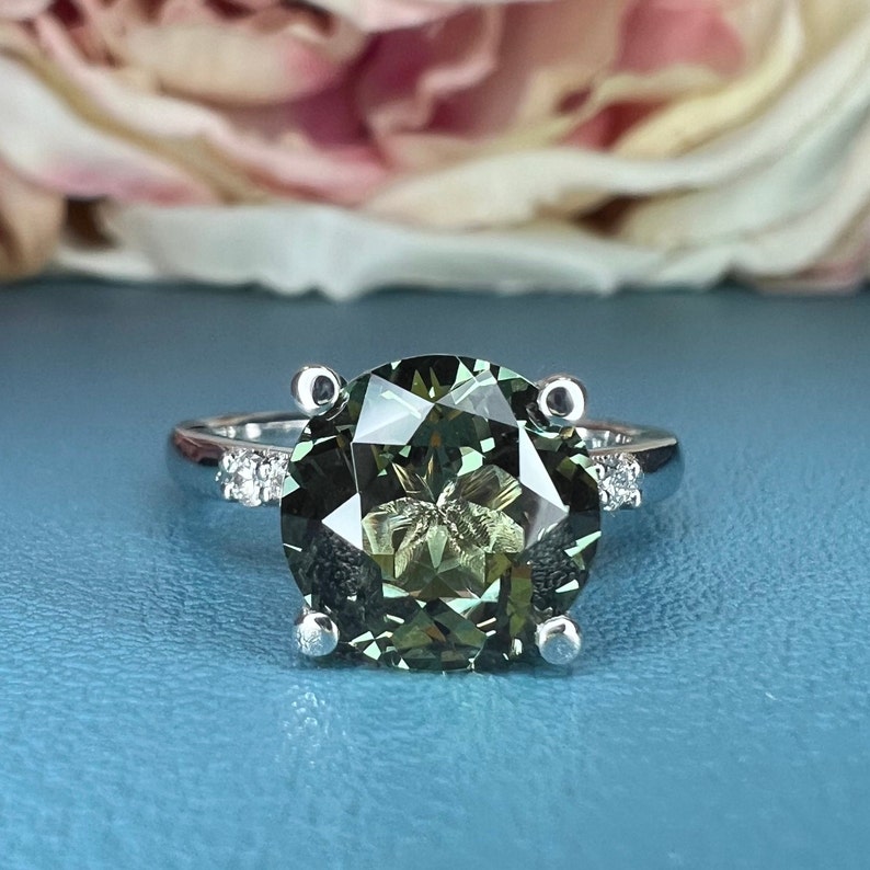 Green Sapphire Round Shaped Engagement Ring 14k Gold Ring - Etsy