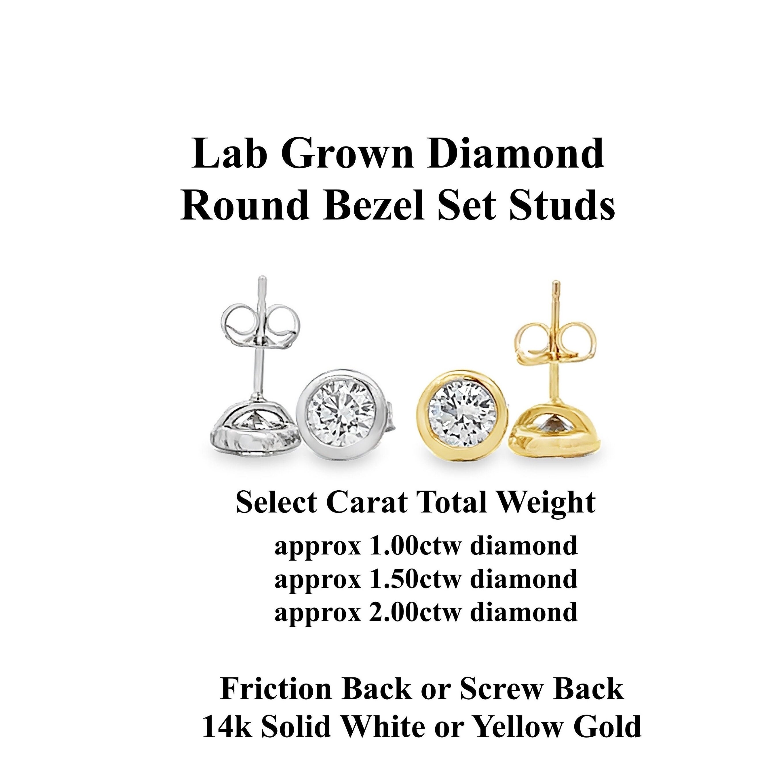1.00 CTW Lab Grown Diamond Bezel Set Stud Earrings 14k Solid Gold , Lad ...
