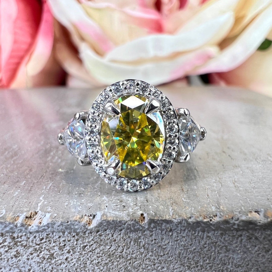 Oval Shaped Yellow Moissanite Engagement Ring White Gold Three Stone ...