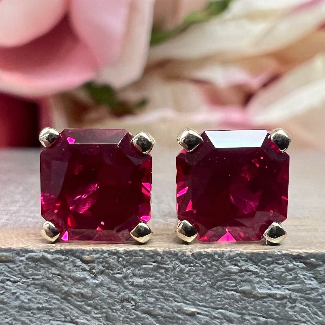 Radiant Cut Studs, 3.50CTW Blood Red Ruby Earring, Dainty Jewelry, 14k ...