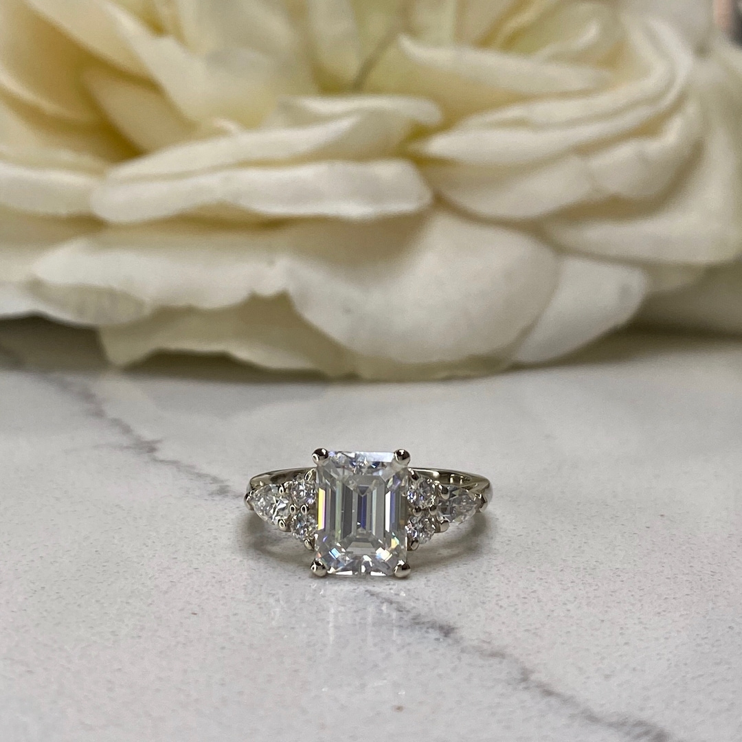 Emerald Cut Moissanite Engagement Rings 14k Solid White Gold , Unique ...