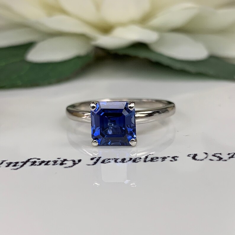Asscher Cut Solitaire / Blue Sapphire Engagement Ring / 14k | Etsy