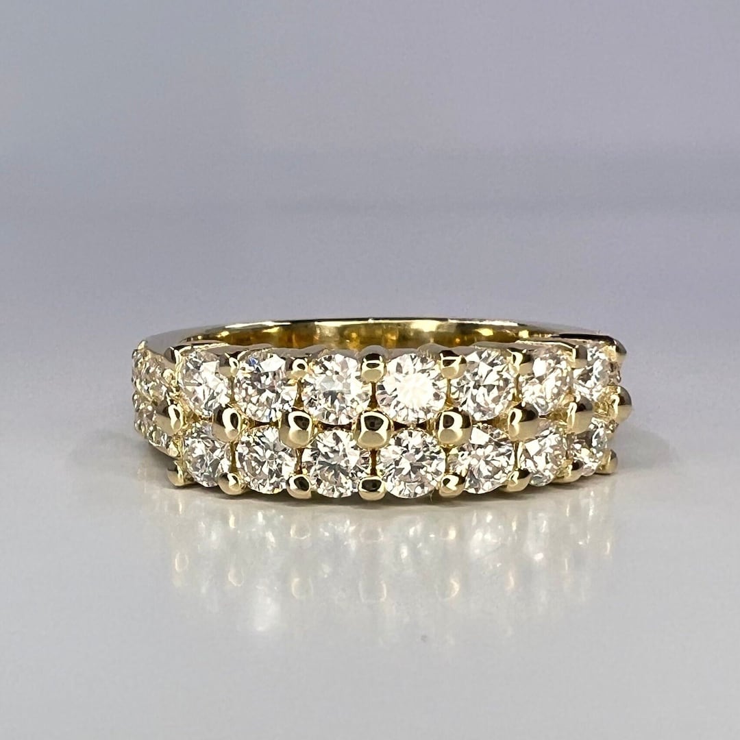 Diamond Wedding Band 14k Solid Gold, Two Row Diamond Anniversary Band ...