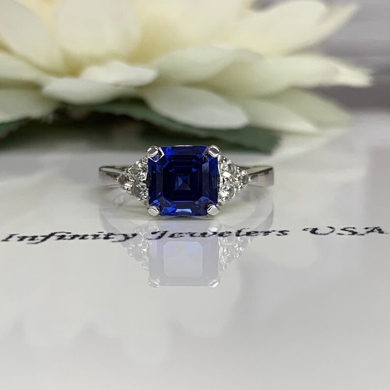 Asscher cut blue sapphire engagement ring with white sapphire | Etsy