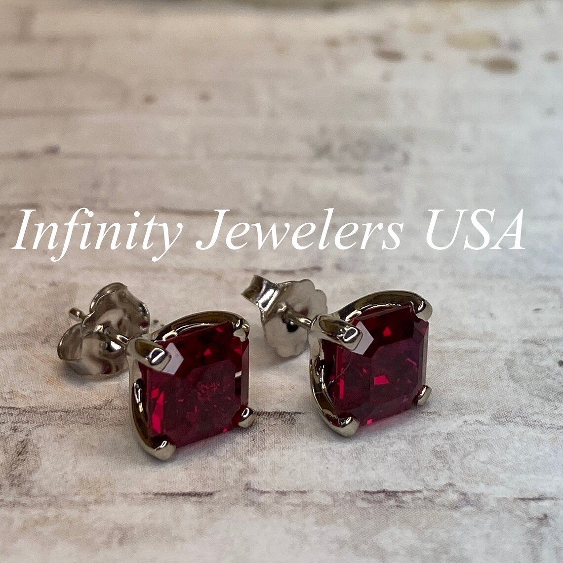 Asscher Cut Ruby Stud Earrings 14K White Gold Stud Earrings | Etsy