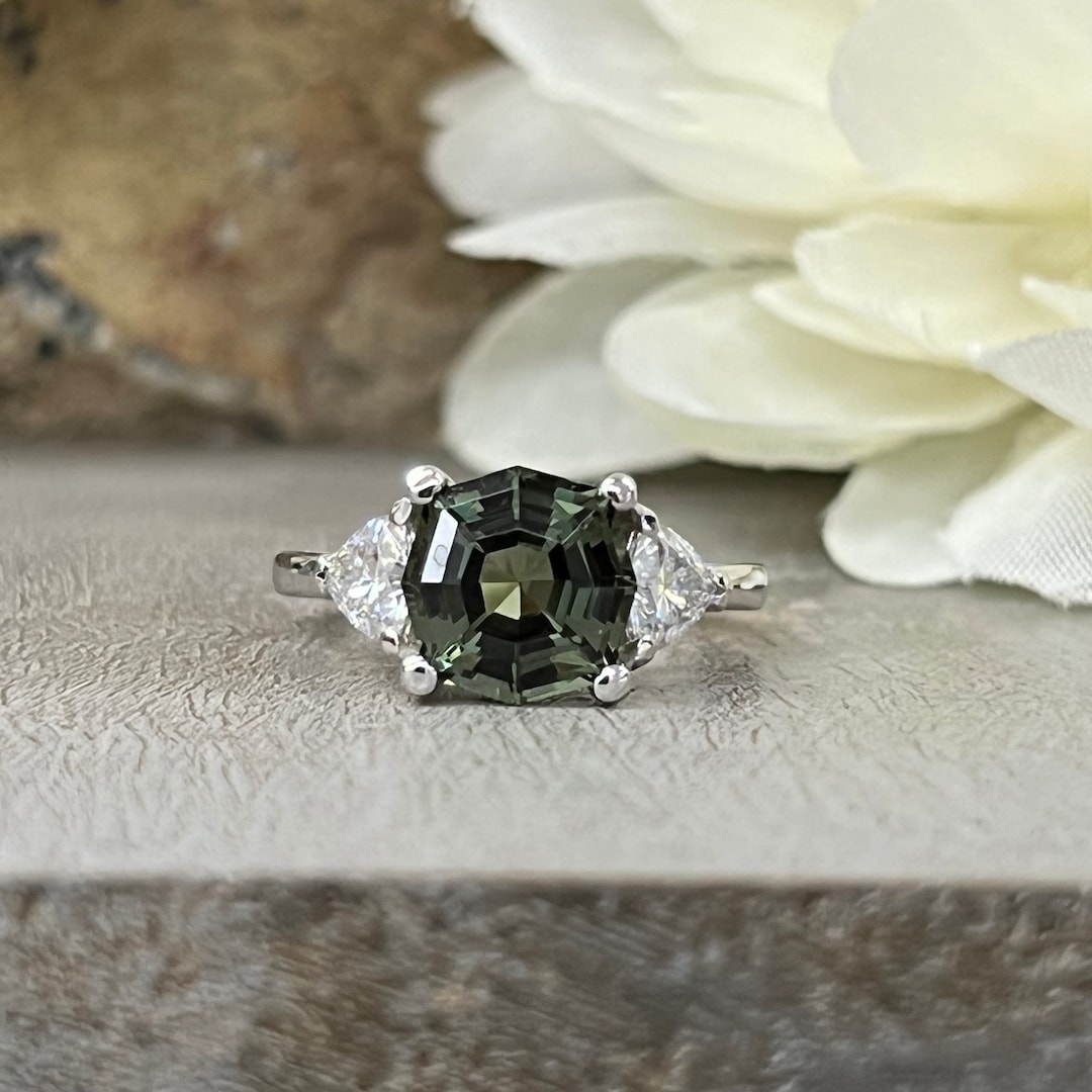 Olive Green Sapphire Engagement Ring 14K White Gold Olive Green Octagon ...