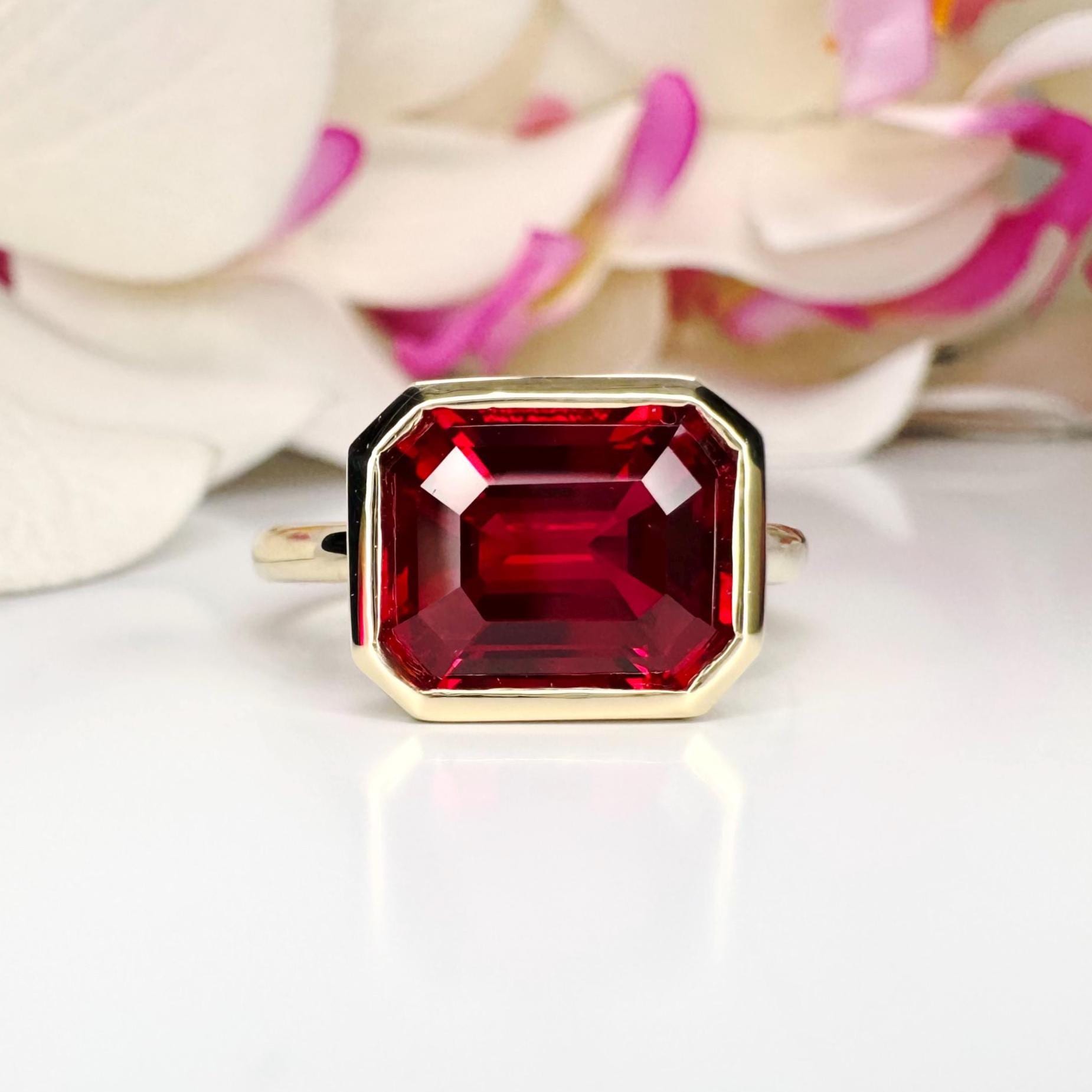 Emerald Cut Bezel Set Ruby Ring 14K Solid Gold , East West Emerald ...