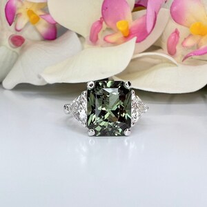 Radiant Cut Olive Green Sapphire Engagement Ring With Trillion ...