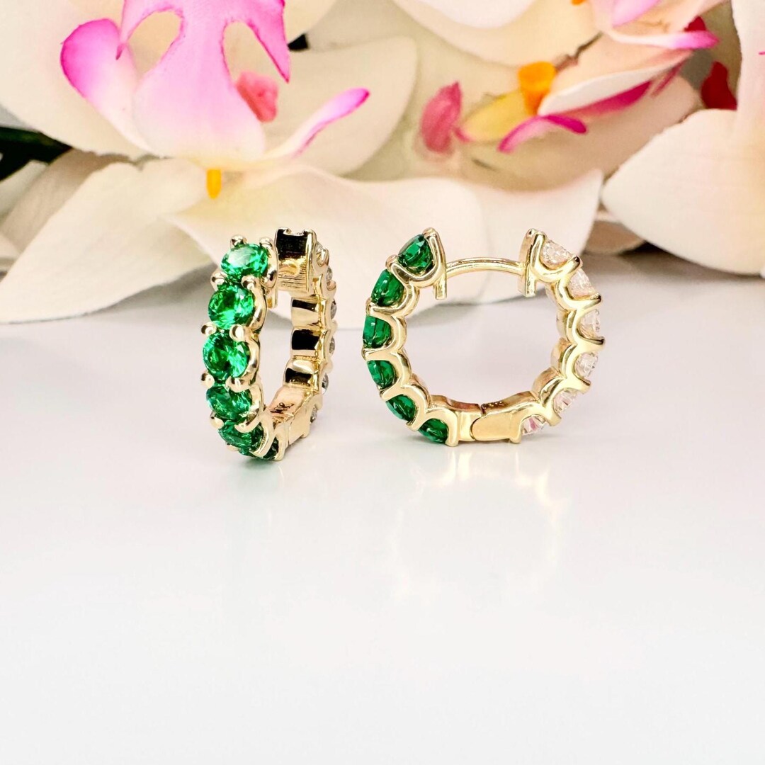 Emerald and LAB DIAMOND Hoop Earrings 14K Solid Gold, Small Hoop ...