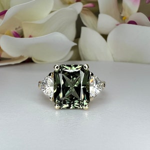 Radiant Cut Olive Green Sapphire Engagement Ring 14K Solid Gold, Three ...