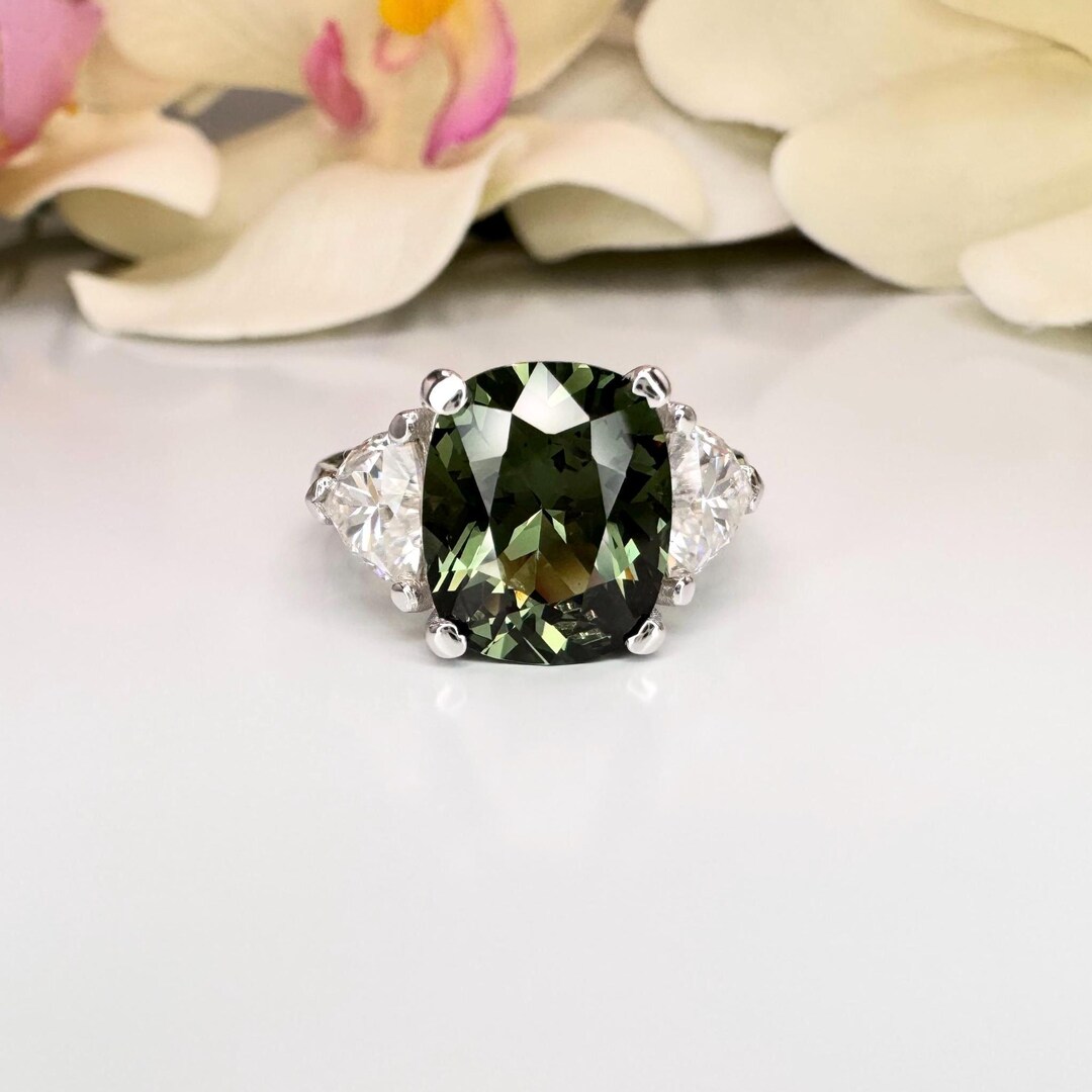 Olive Green Sapphire Engagement Ring 14K Gold , Unique Elongated ...