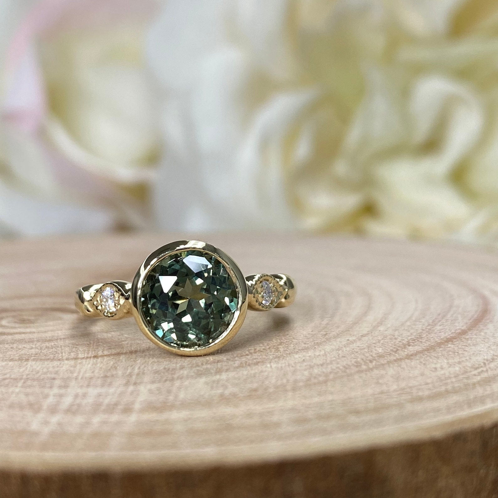 Round Olive Green Sapphire Bezel Set Engagement Ring 14K Yellow Gold ...