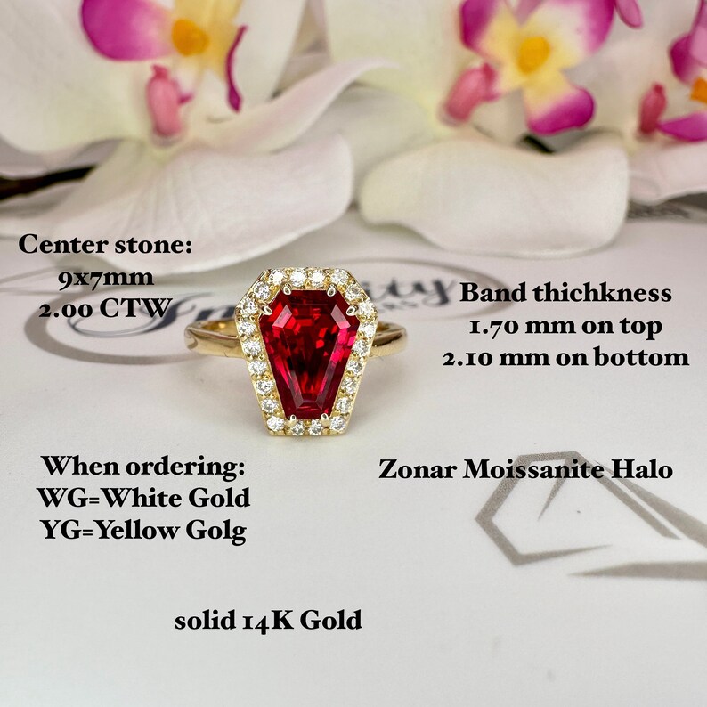 Ruby Coffin Ring 14k Solid Gold, Unique Vintage Ruby Halo Coffin Shape ...