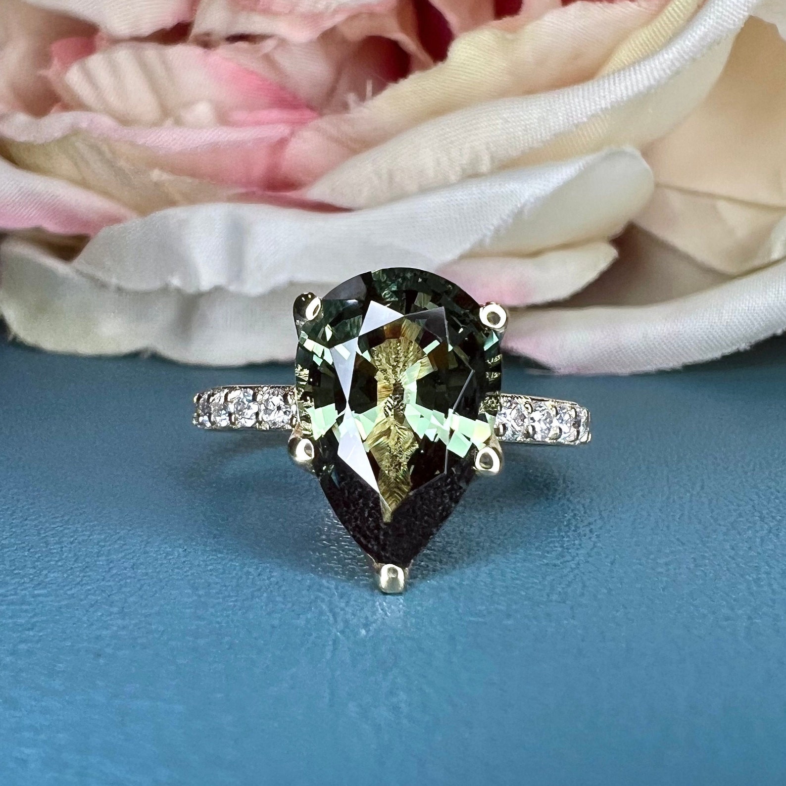 Green Sapphire Pear Shaped Engagement Ring 14k Gold Ring - Etsy