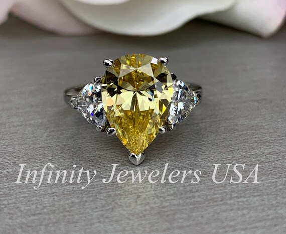 4 CT Canary Yellow Pear Engagement Ring Three Stone 14k | Etsy