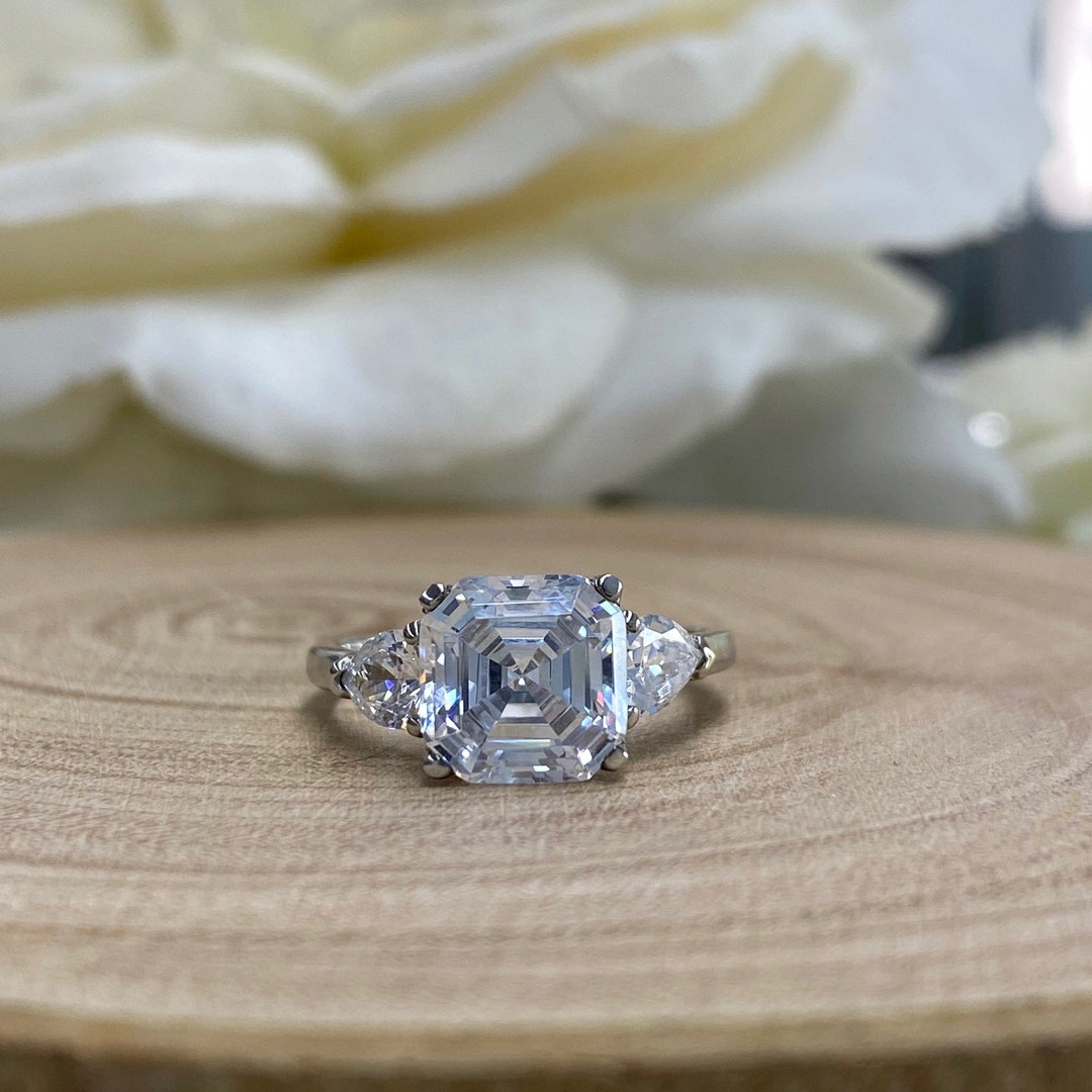 Asscher Cut Moissanite Engagement Ring With Pear Accents, 3 Stone ...