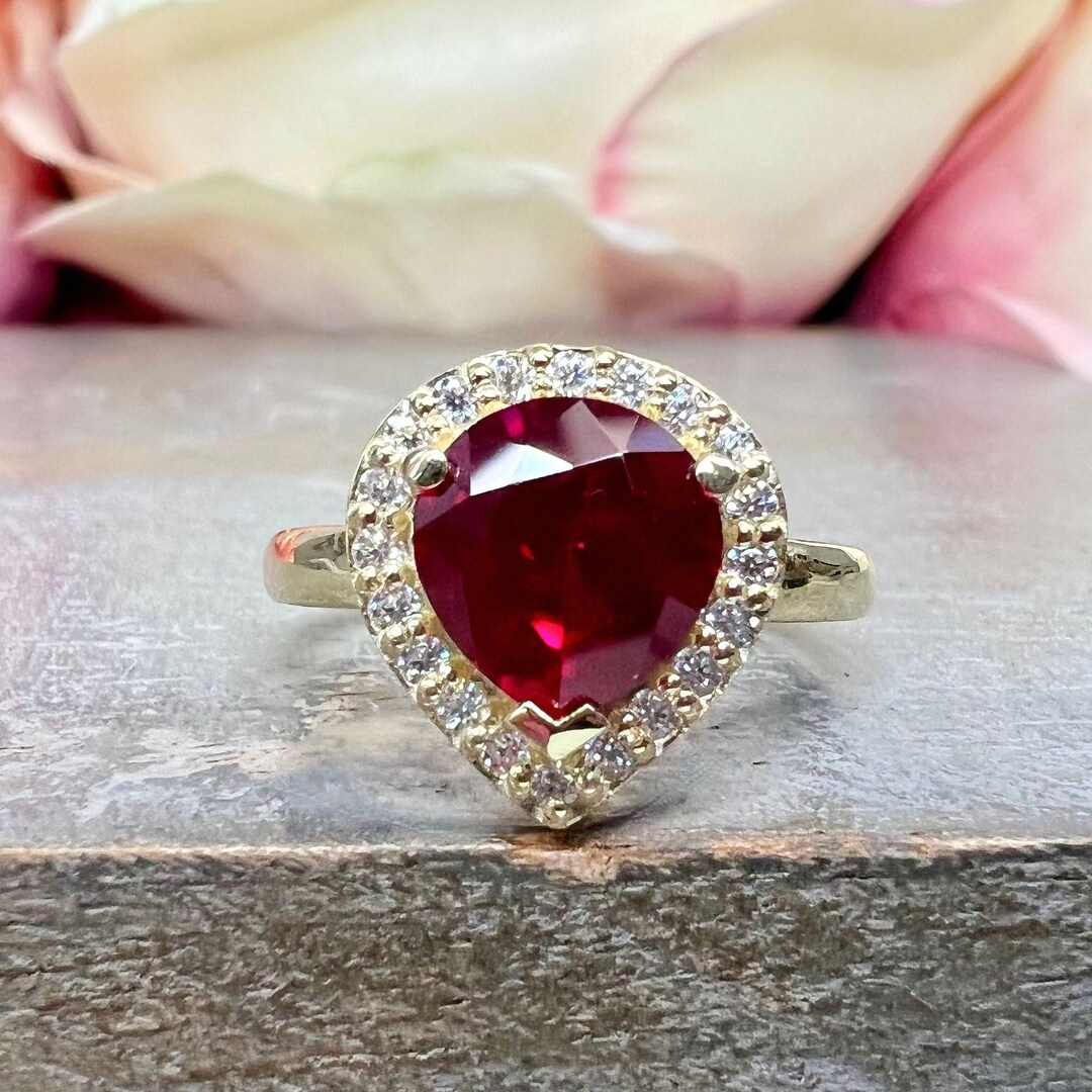 Pear Shaped Ruby With Moissanite Halo Engagement Ring 14K Yellow Gold ...