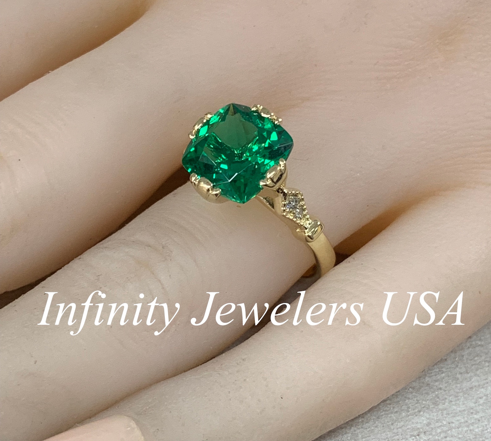 Cushion Cut Emerald And Diamond Engagement Ring 14k Yellow | Etsy