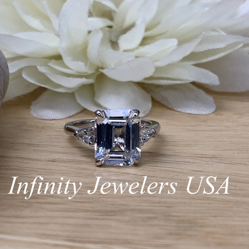 Emerald Cut Moissanite Engagement Ring Three Stone Moissanite Etsy