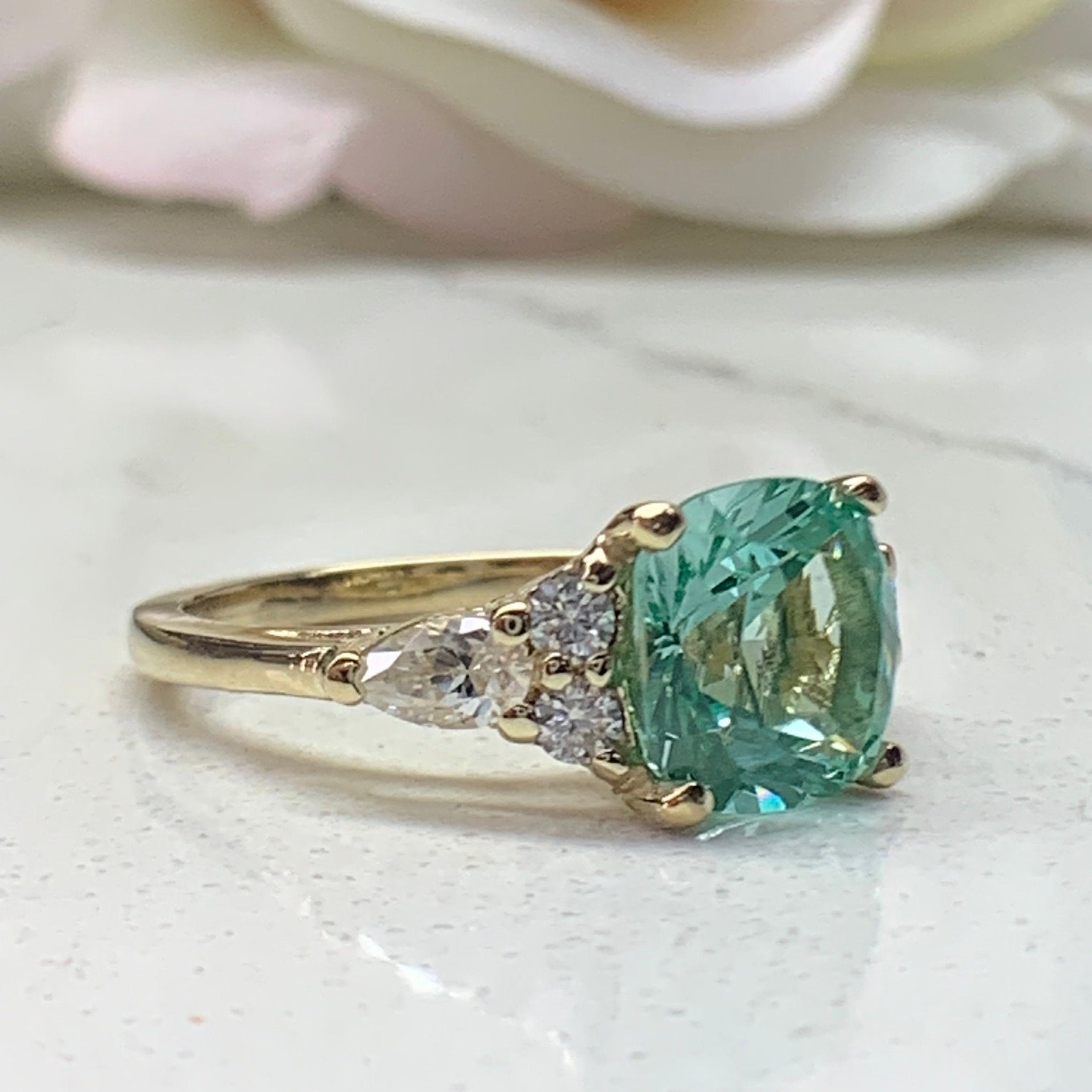 Cushion Cut Engagement Ring for Women 14K Yellow Gold, Green Paraiba ...