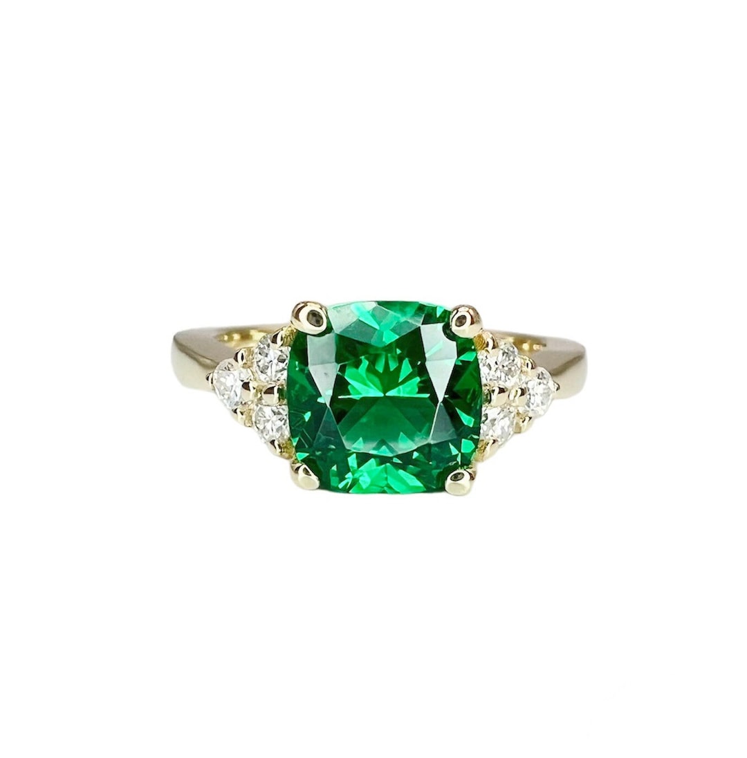 Cushion Cut Emerald Engagement Ring 14k Solid Gold Unique Vintage ...